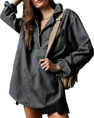 Generic Veste en jean oversize pour femme, col V, boutons, chemise en jean &agrave; manches longues, style d&eacute;contract&eacute; printanier, grise, taille XXL