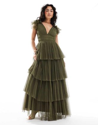 Lace & Beads Linvitée - Robe longue à volants étagés en tulle - Olive foncé-Vert