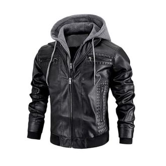 Generic Veste de moto &agrave; capuche en cuir synth&eacute;tique pour homme, coupe-vent vintage avec capuche amovible, Noir, XXL