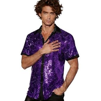 Generic Chemise habill&eacute;e pour homme &agrave; paillettes &agrave; manches courtes et col &agrave; revers - Chemise boutonn&eacute;e scintillante - Coupe d&eacute;contract&eacute;e et confortable - V&ecirc;te
