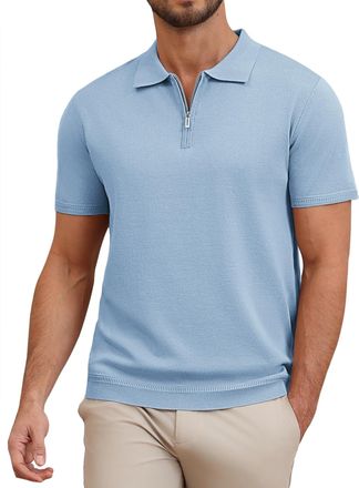 Coofandy Herren Zip Poloshirt Kurzarm Sommer Strick Polo Reißverschluss Polohemd Ice T-Shirts Golf Shirt Clearblau XXL