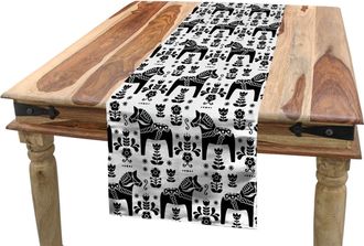Abakuhaus nordisch Tischläufer, Schwede Dala Pferde, Esszimmer Küche Rechteckiger Dekorativer Tischläufer, 40 x 180 cm, Schwarz und Weiß