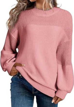 Generic Pull décontracté à manches longues et col rond en tricot uni pour femme, col rond, manches longues, pull tendance dautomne, Rose-a, XXL