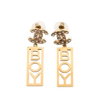 Chanel Boy CC Gold Plated And Rhinestone Earrings 5cms