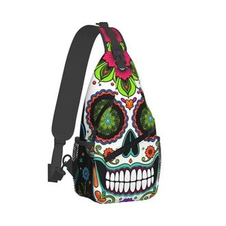 Generic R&eacute;glable Sacoche Tactique Cr&acirc;nes en sucre mexicains vintage &agrave; fleurs pour la F&ecirc;te des Morts Sac De Poitrine Durable Crossbody Bag pour Randonn&eacute;e Campi