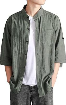 Generic Chemise de plage en lin &agrave; manches courtes pour homme - Chemise boutonn&eacute;e blanche pour homme - Chemises en coton pour la gym - T-shirts de plage - T-sh