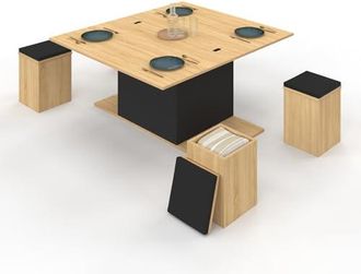 IDMarket Table Basse Plateau relevable rectangulaire Convertible en Table &agrave; Manger Eden 100 cm Bois et Noir avec poufs