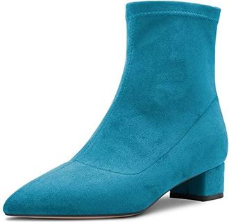 Castamere Femmes Bloc Chunky Bas Talon Heel Fermé Pointu Bout Bottines Slip-on Fermeture à Glissière 3.5 CM Heels Classique Cute Chaussures Bleu B 40 EU