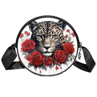 Generic Petit sac &agrave; bandouli&egrave;re rond pour femme, motif l&eacute;opard et roses, avec fermeture &eacute;clair, bretelles r&eacute;glables, style d&eacute;contract&eacute;, pour femmes et filles