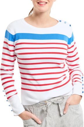 Armor Lux Deauville Damen-Pullover, gestreift, Knopf-Details, Marineblau, Wei&szlig;/Cranberry/Saphirblau, Medium