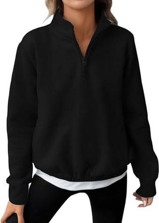 Generic Sweats &agrave; capuche pour femme avec demi-fermeture &eacute;clair et col, Noir, S