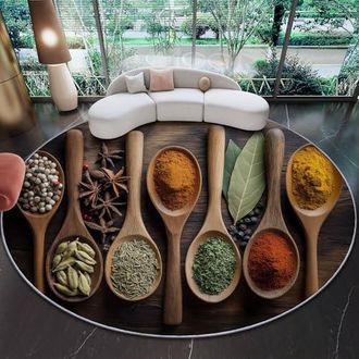 Generic Tapis Rond 100 cm - Lavable en Machine - Color&eacute; Tapis de Sol antid&eacute;rapant et Doux - Motif Style campagnard &eacute;pices cuill&egrave;re en Bois - pour Chambre &agrave; Co