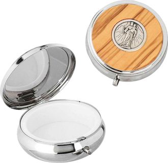 NKlaus Hostiendose Maria 6cm - Rosenkranz Metalletui klein mit Olivenholz & Gravur, Dose f&uuml;r Hostien, Kommunion, Andacht & Gebet