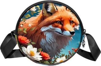 Generic Sac &agrave; bandouli&egrave;re rond pour femme, motif fleurs de renard, sac &agrave; dos avec fermeture &eacute;clair, bretelles r&eacute;glables, sac &agrave; main rond d&eacute;contract&eacute; pour femm