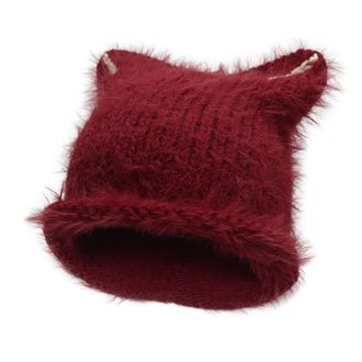 ZLYC Damen Katzenohr Slouchy Strickmütze Grunge Niedlich Wintermütze(Einfarbig Burgunderrot),Einheitsgröße