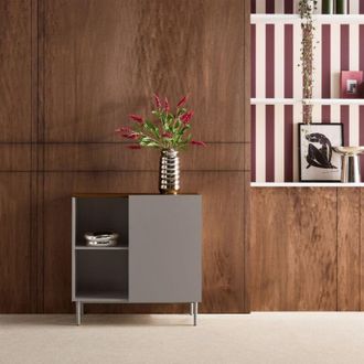 Sweeek Buffet. meuble de rangement m&eacute;tal et d&eacute;cor bois 1 porte 80cm gris et noyer - Ahston