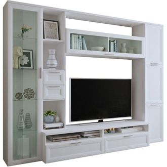 Dmora Wohnwand Carenno, modulares Wohnzimmerregal, 4 Schubladen, 8 Ablagen, Wei&szlig;