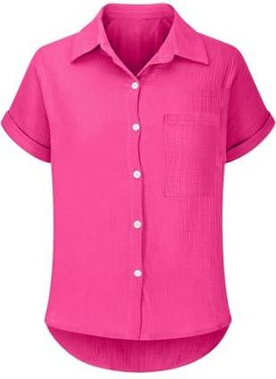 Generic Chemise en lin pour femme - Manches courtes - Col en V - Boutonn&eacute; - D&eacute;contract&eacute; - En mousseline - Chemisier basique - L&eacute;ger et respirant - Chemisier d