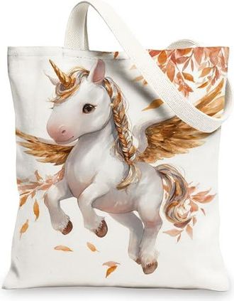 Generic Sacs fourre-tout en toile motif cheval magique, sacs dépicerie réutilisables, amusants artistiques, légers et lavables avec bandoulière B, blanc, 13x1