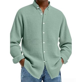 Generic Mokaloha Chemise &agrave; manches longues pour homme Motif gaufr&eacute; Style d&eacute;contract&eacute; Couleur unie Bouton gaufr&eacute; Chemise classique confortable, vert clair, XXL