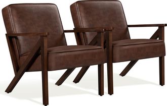 Yaheetech Loungesessel 2er Set Sessel Vintage Relaxsessel Kunstleder mit Massivholzbeinen Einzelsofa f&uuml;r Wohnzimmer/Schlafzimmer/Empfangsbereich Dunkelbraun