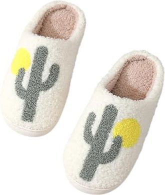 Yarnow Pantoufles Chaudes Femme Fluffy Motif Cactus Confortables et Douces pour Int&eacute;rieur Semelle &Eacute;paisse Antid&eacute;rapante Cadeau Confort Maison Hiver