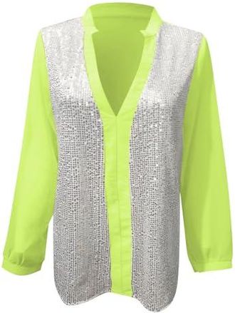 Generic Hauts &agrave; paillettes scintillantes pour femme - Manches longues - Col en V - Coupe ample - Pull &agrave; paillettes scintillantes - Confortables - Hauts de soi