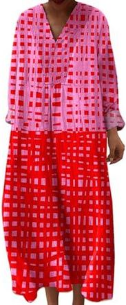 Generic Robes graphiques d&eacute;contract&eacute;es midi 2025 col en V manches longues r&eacute;tro robes amples robe &eacute;l&eacute;gante femme sexy, Rose, 4XL