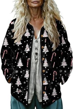 Generic Doudoune de Noël à imprimé rétro pour femme, veste matelassée à manches longues festives boutonnées avec col montant, manteau dhiver pour femme, Noir,