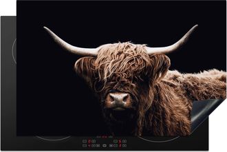 MuchoWow Herdabdeckplatte Ceranfeld Spritzschutz K&uuml;che Schottischer Highlander - Schwarz - Horn 80x52 cm Induktionsherd Abdeckung Induktionskochfeld Ceranfelda