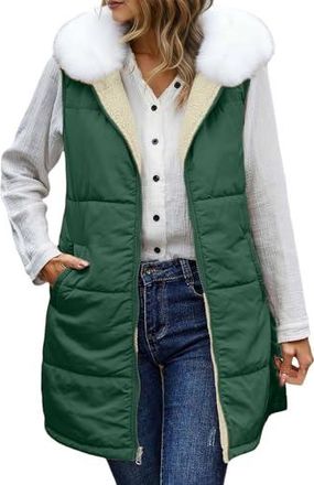 Generic Gilet long &agrave; capuche pour femme - Automne - Hiver - Gilet matelass&eacute; sans manches - Doudoune doubl&eacute;e - Gilet polaire chaud - Gilet long &agrave; capuche - Gil