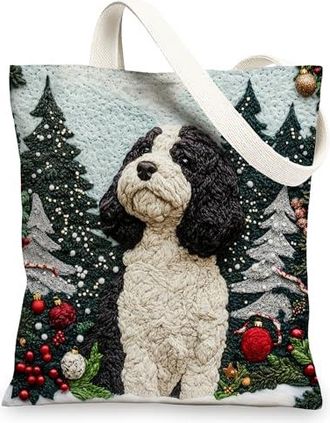 Generic Sac fourre-tout en toile motif chien portugais de No&euml;l pour faire du shopping 33 x 38,1 cm, sac d&eacute;picerie r&eacute;utilisable pour femme, peinture danimaux d