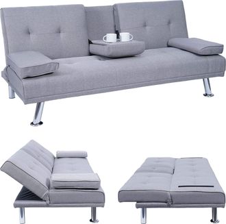 Mendler 3er-Sofa HWC-F60, Couch Schlafsofa Gästebett, Tassenhalter verstellbar 97x166cm - Textil, hellgrau