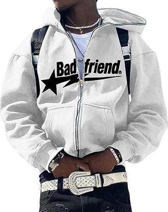 ORANDESIGNE Sweats à Capuche Homme Y2K Full Zippé Veste à Capuche Vintage Gothic Pull Mode Oversize Streetwear avec Poche Imprimé Sweatshirt Casual Hoodies Unisex