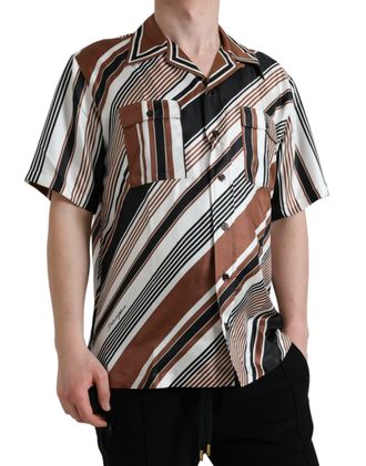 Dolce & Gabbana Mens Brown White Silk Striped Short Sleeve Shirt
