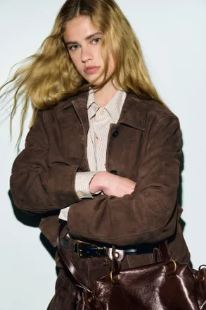 Gerard Darel Veste courte en cuir velours - POLA - Cinnamon