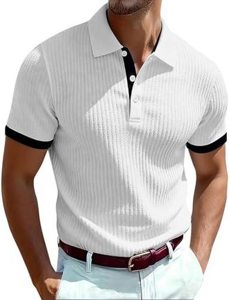 Generic DENGJIAMY Polo en tricot pour homme tendance &agrave; col montant T-shirt &agrave; manches courtes d&eacute;contract&eacute; pour affaires de golf pour homme Patchwork d&eacute;t&eacute;, blan