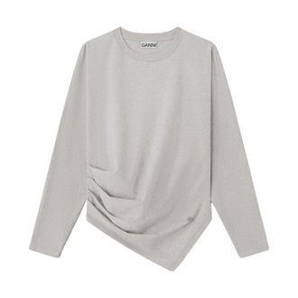 Ganni Langarm-T-Shirt aus schwerer Stretch-Baumwolle mit Drapierung - - Tops - Damen - Grau - L