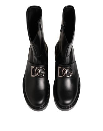 Dolce & Gabbana Mens Black Logo Plaque Mid Calf Biker Boots Shoes 100lf