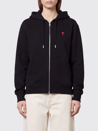 Ami Sweat &agrave; capuche zipp&eacute; en coton avec logo brod&eacute; et poche kangourou