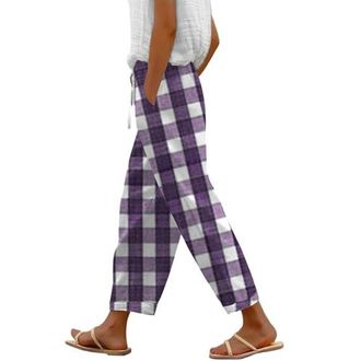 Generic Pantalon Leger Ete Femme L&eacute;ger Grande Taille Pantalon Court en Lin &Agrave; Fleurs pour Femme Taille &Eacute;lastique Coupe Droite D&eacute;contract&eacute; pour La Plage avec Po