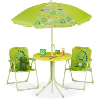 Relaxdays Relaxdays - Salon de jardin, enfant, table, chaises, parasol, pour un petit fan de monstres, pour plage ou camping, vert