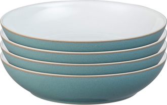 Denby Azurblaue Pastaschüsseln, 4er-Set, spülmaschinenfest, mikrowellengeeignet, 1050 ml, 22 cm, Meeresblaues, weißes Keramik-Geschirr aus Steingut, splitte