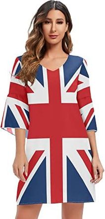 Mnsruu Mini robe décontractée en mousseline de soie à manches 3/4 et col en V Motif drapeau britannique Union Jack, Multicolore, XXL/3XL
