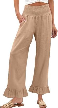 Generic Pantalon Lin Femme Ete Fluide Large Elegant Pantalon D&Eacute;t&eacute; en Lin pour Femme Large &Agrave; Volants Taille Fronc&eacute;e Boh&egrave;me Fluide De Ensemble Leger Jupe (Khaki