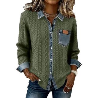 Generic Chemise en tricot pour femme avec empi&egrave;cements en denim, col patchwork en denim, cardigan pour lautomne et lhiver, Vert militaire, XXL