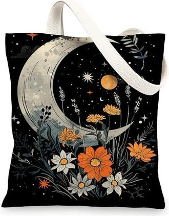 Generic Sacs fourre-tout en toile florale, sac dépicerie réutilisable motif floral artistique, vintage, léger, lavable, bandoulière Ca, noir, 13x15 Inch