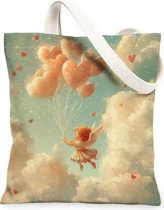 Generic Sacs fourre-tout en toile motif ange, coeur, motif ch&eacute;rubin, r&eacute;utilisables, pour la Saint-Valentin, toile l&eacute;g&egrave;re vintage pour voyage, 33 x 38 cm