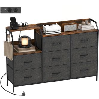 HOMCOM Commode - HOMCOM - station de recharge, 8 tiroirs en tissu, &eacute;tag&egrave;re ouverte - cadre en acier - 130,5x30x88cm - marron rustique