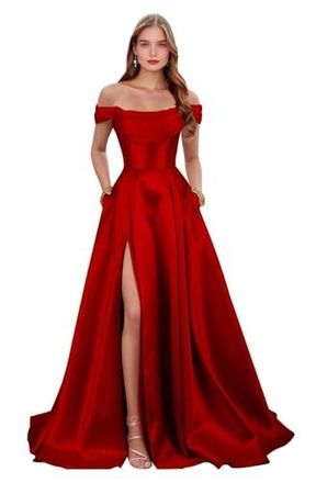 Generic Robes de bal en satin avec fente sans bretelles, corset trapèze, robes de bal à épaules dénudées, longues robes de soirée formelles avec poches, Rouge